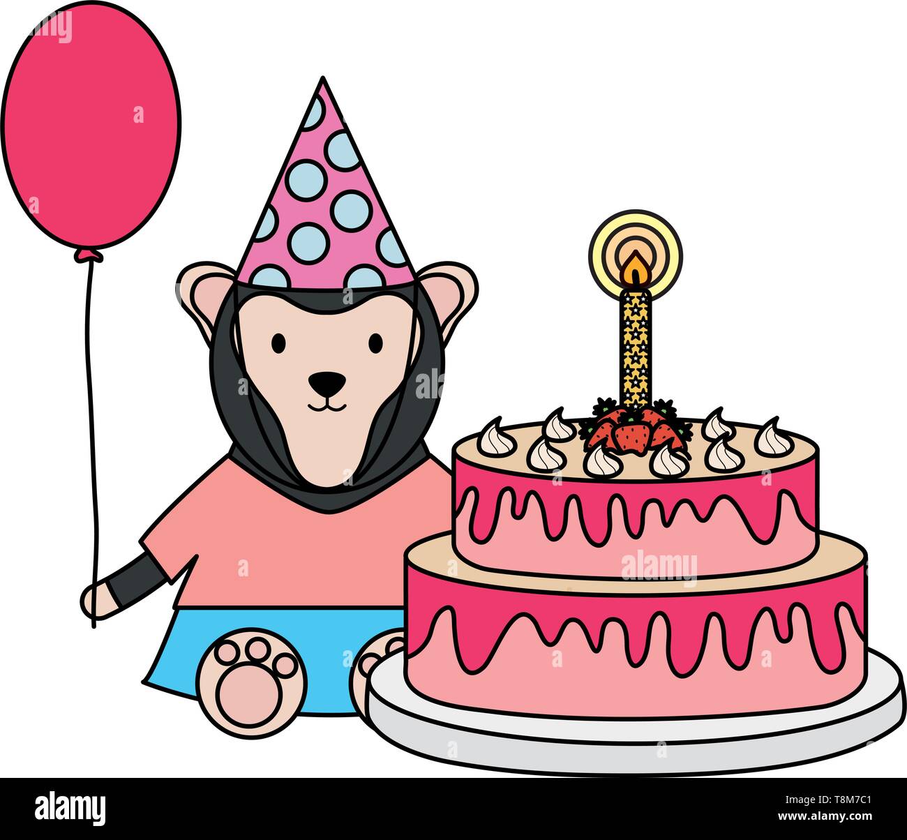 cute monkey with sweet cake in birthday party vector illustration ...
