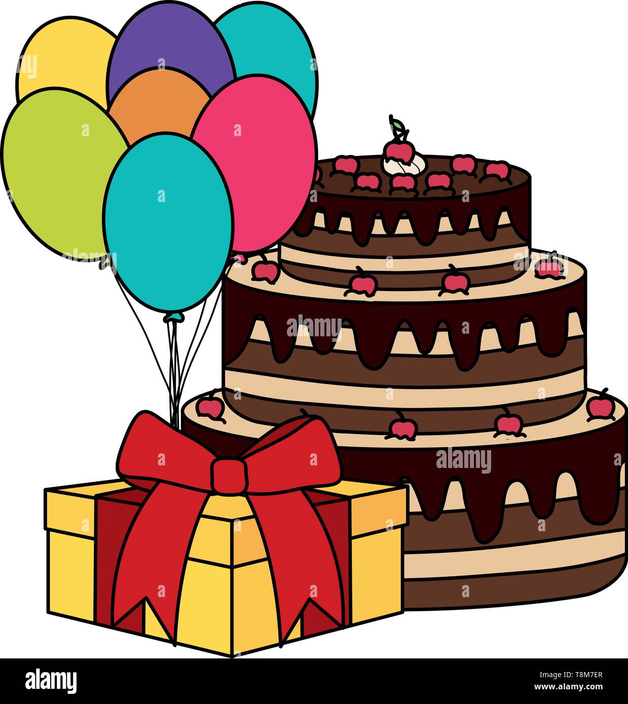 gift box with sweet cake and balloons helium floating vector ...