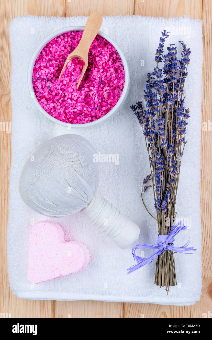 spa objects soothing lavender for bath, spa and massage objects close ...