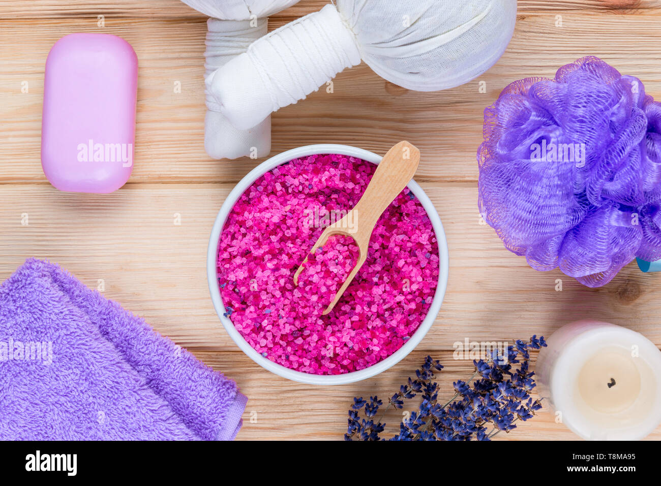 spa objects with soothing lavender on wooden boards flat lay Stock ...