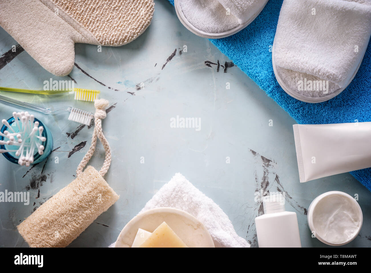 Frame made of bath cosmetics and accessories on color background Stock ...