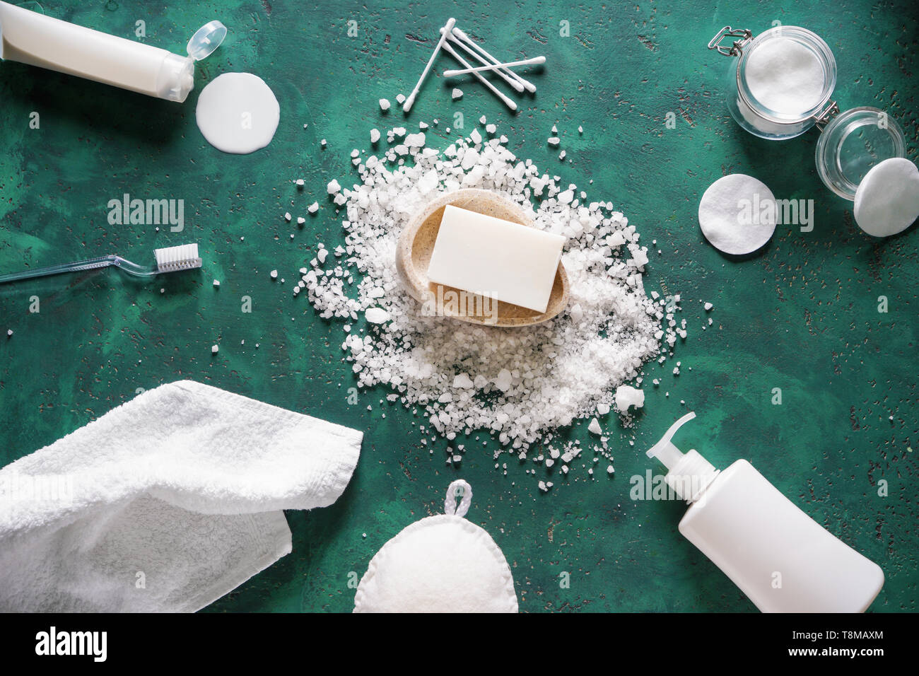 Set of bath cosmetics and accessories on color table, top view Stock ...