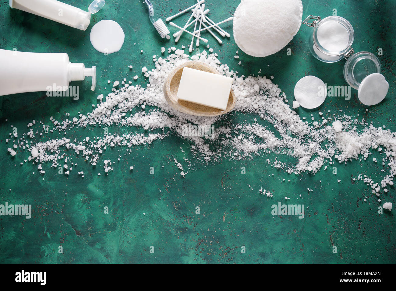 Set of bath cosmetics and accessories on color table, top view Stock ...