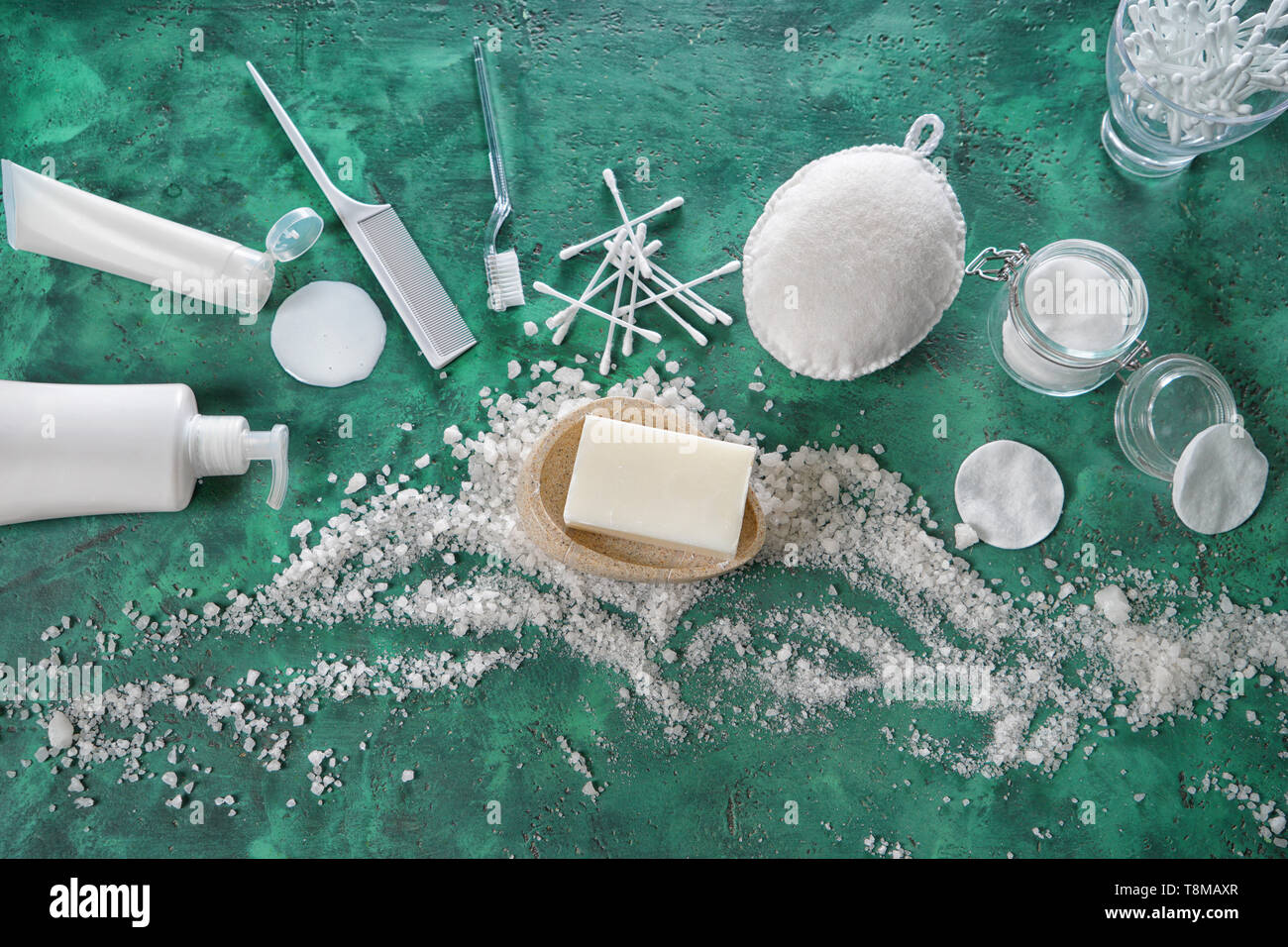 Set of bath cosmetics and accessories on color table, top view Stock ...