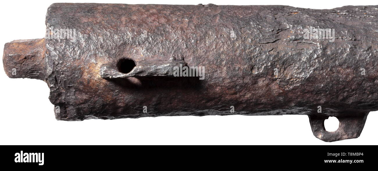 A heavy German wall gun, 16th century Wrought iron. Round barrel in 29 ...