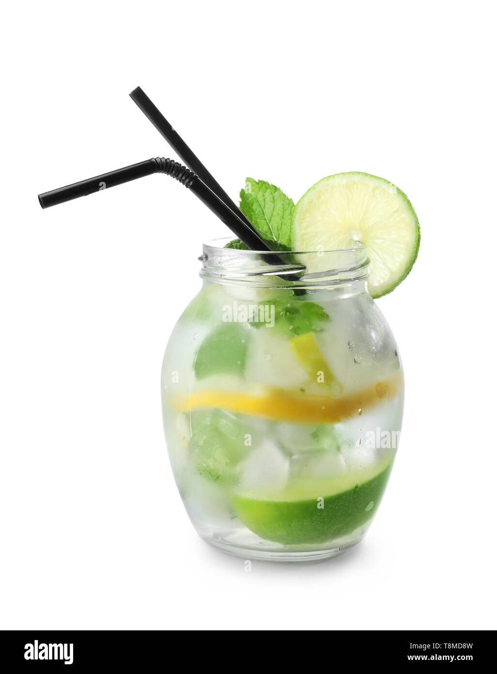Jar of fresh mojito on white background Stock Photo - Alamy