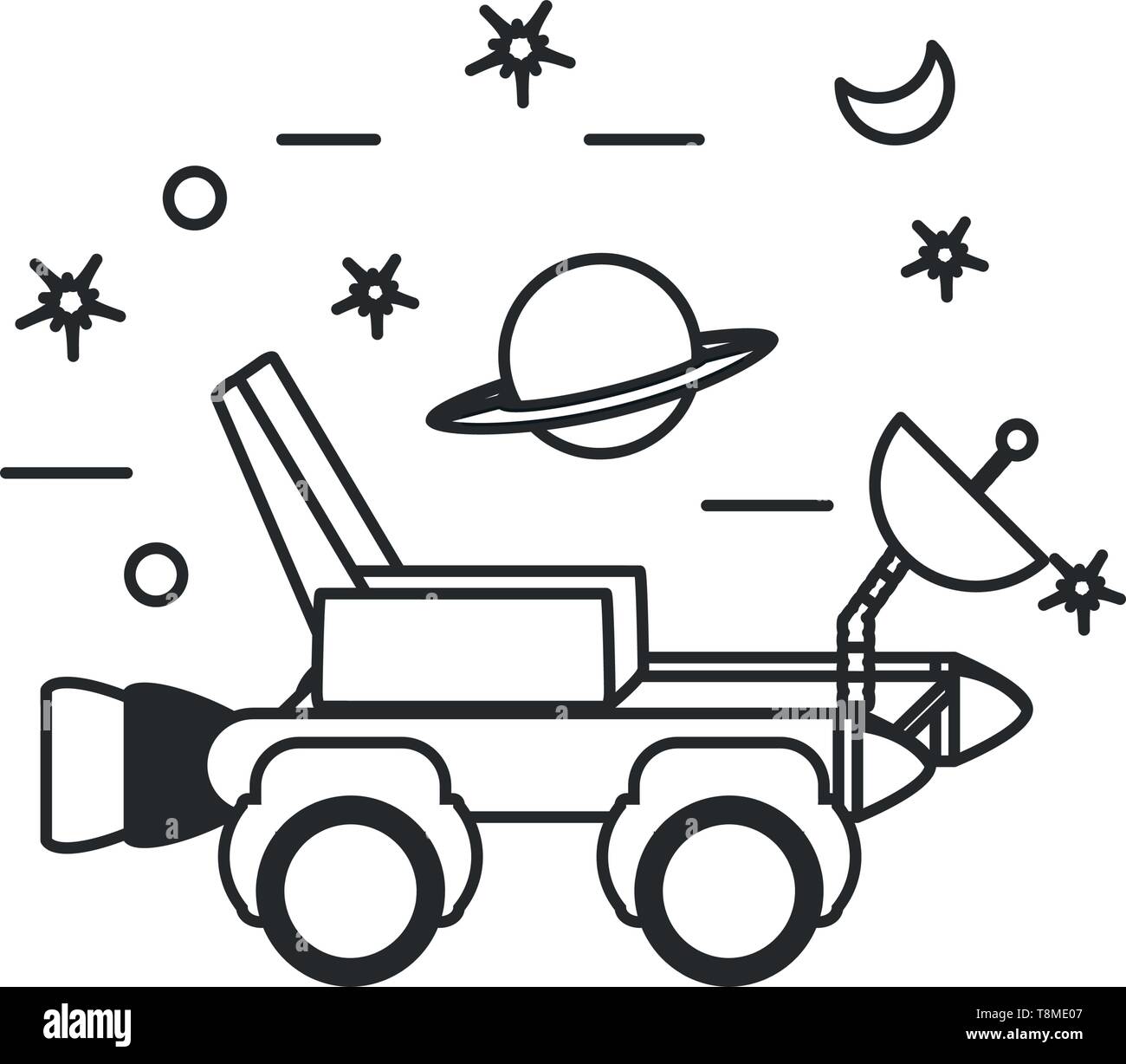 space explorer car with planet saturn and set icons vector illustration ...