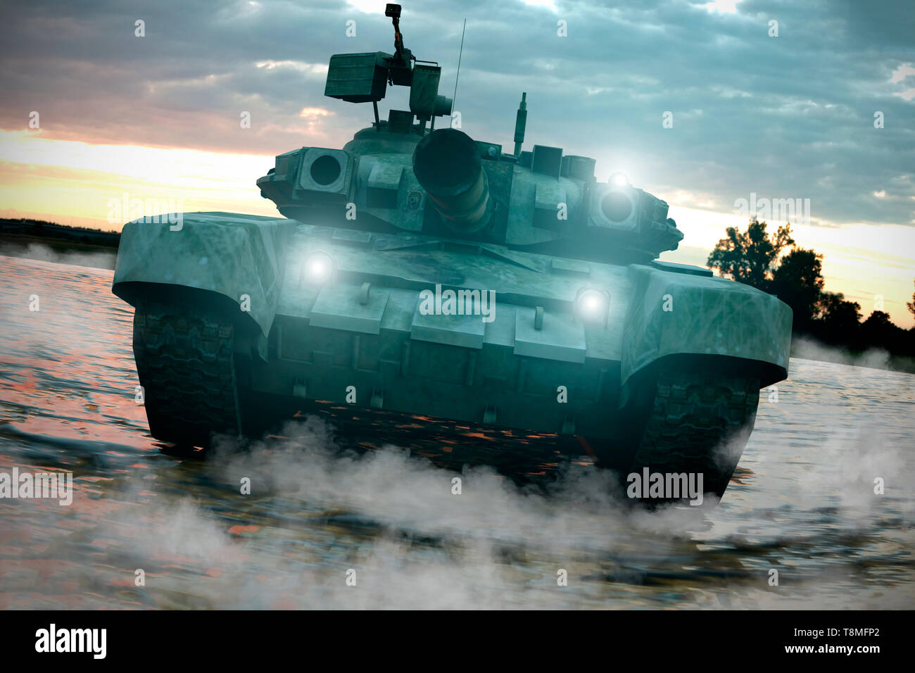 Heavy Military Tank in Battlefield Landscape at Sunset with Beautiful ...