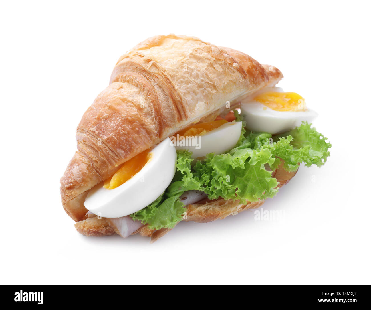 Tasty croissant sandwich with boiled egg on white background Stock ...