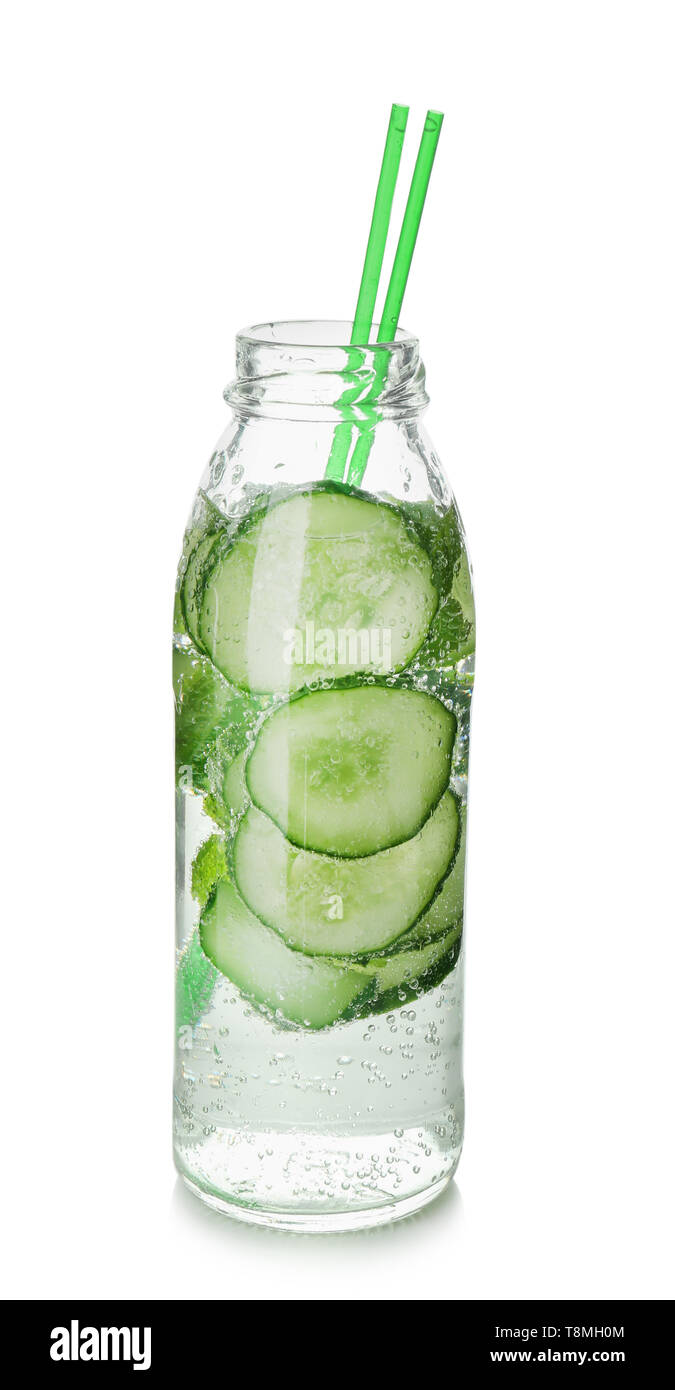 Bottle of fresh cucumber water on white background Stock Photo - Alamy