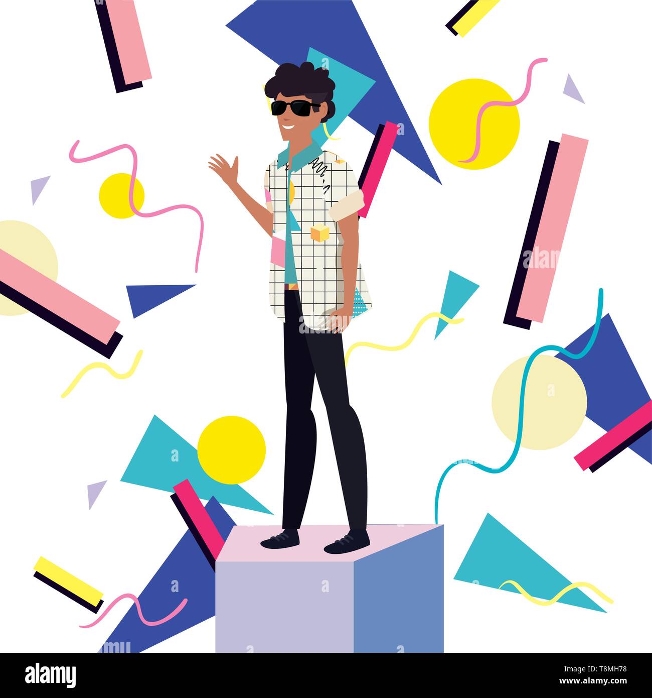 man character retro 80s style memphis background vector illustration ...