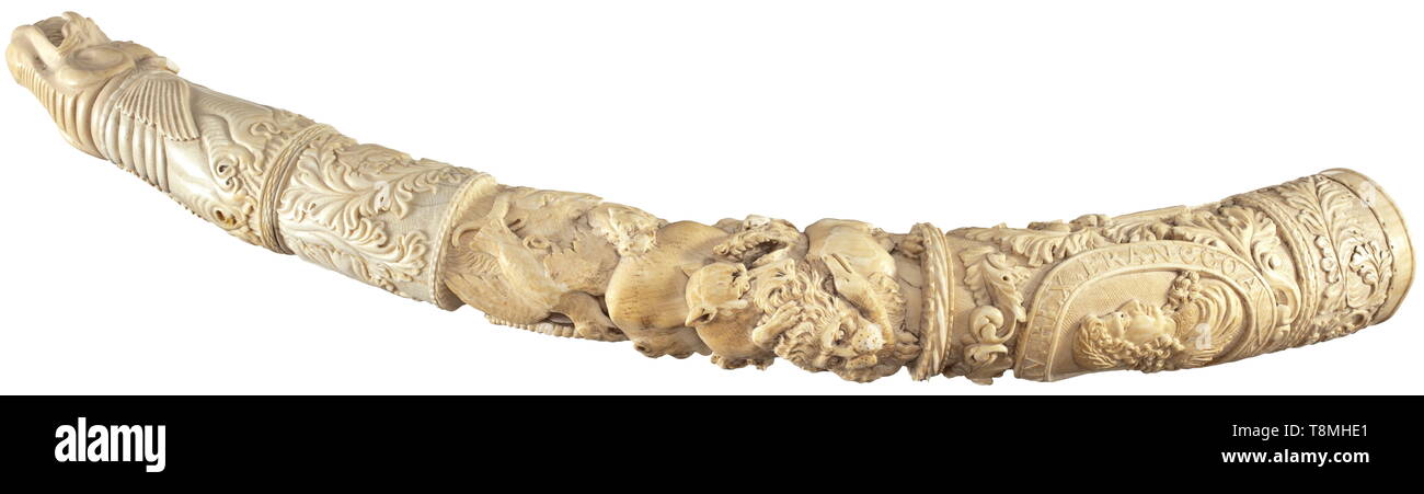 A carved French ivory tooth, 19th century Massive, hollow tooth, worked ...