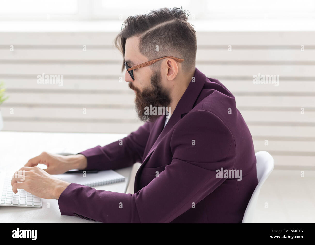 People and technology concept - Side view portrait of handsome man ...