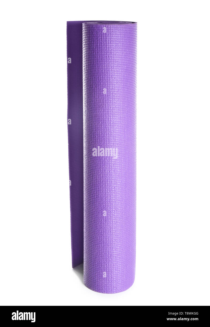Rolled yoga mat on white background Stock Photo - Alamy