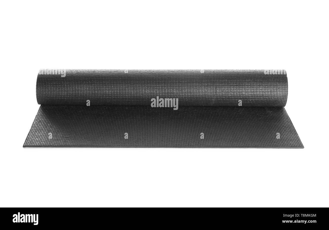 Rolled yoga mat on white background Stock Photo - Alamy
