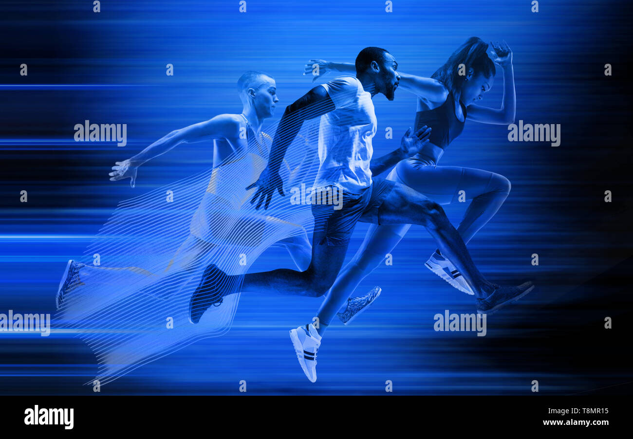 Young african-american and caucasian men and woman running isolated on ...