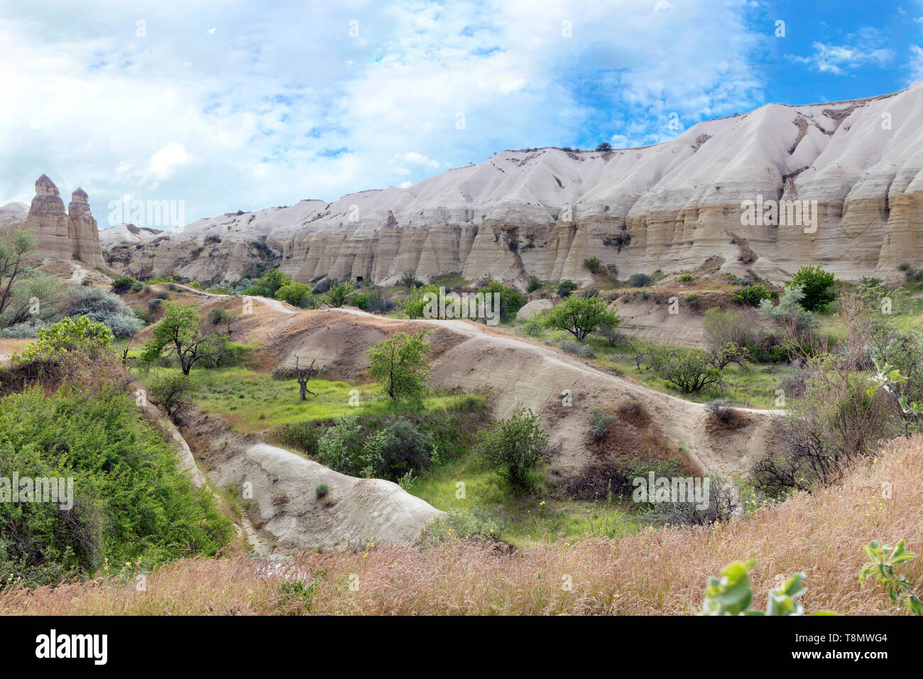 Red and white sandstone cliffs, ancient caves in a mountain landscape ...