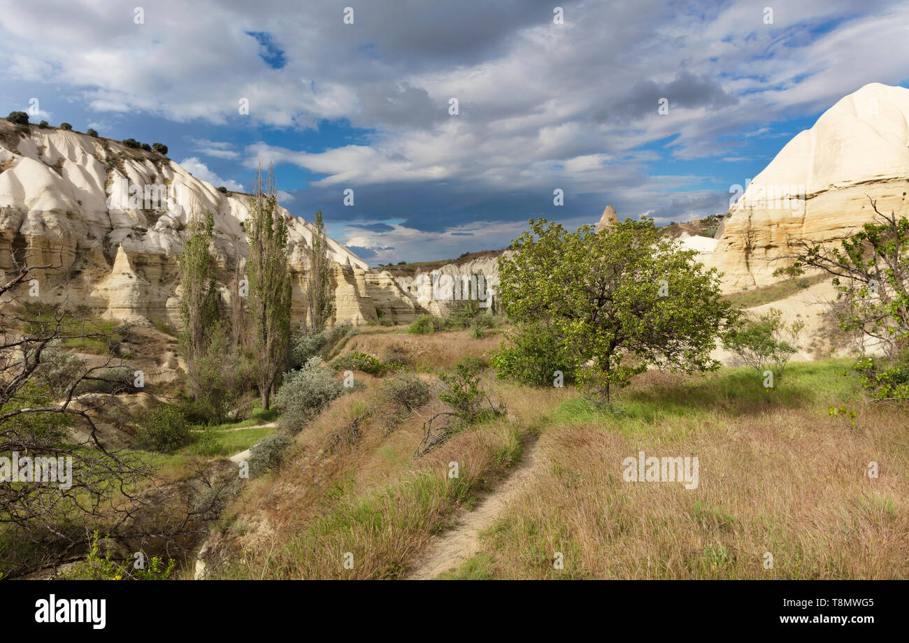 Red and white sandstone cliffs, ancient caves in a mountain landscape ...