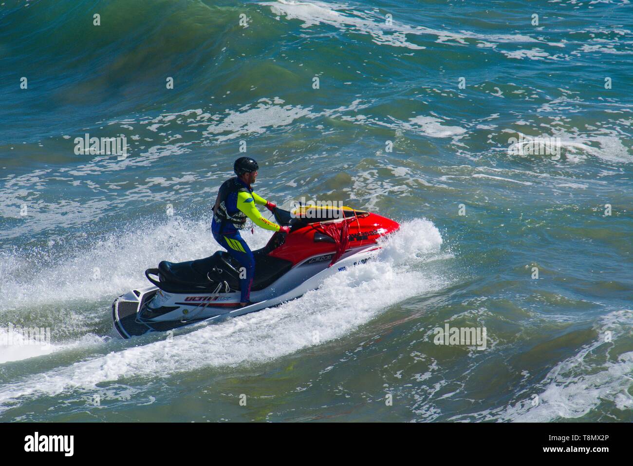 Huntington Beach, CA - April 7 2019: Jet skier competing in offshore ...