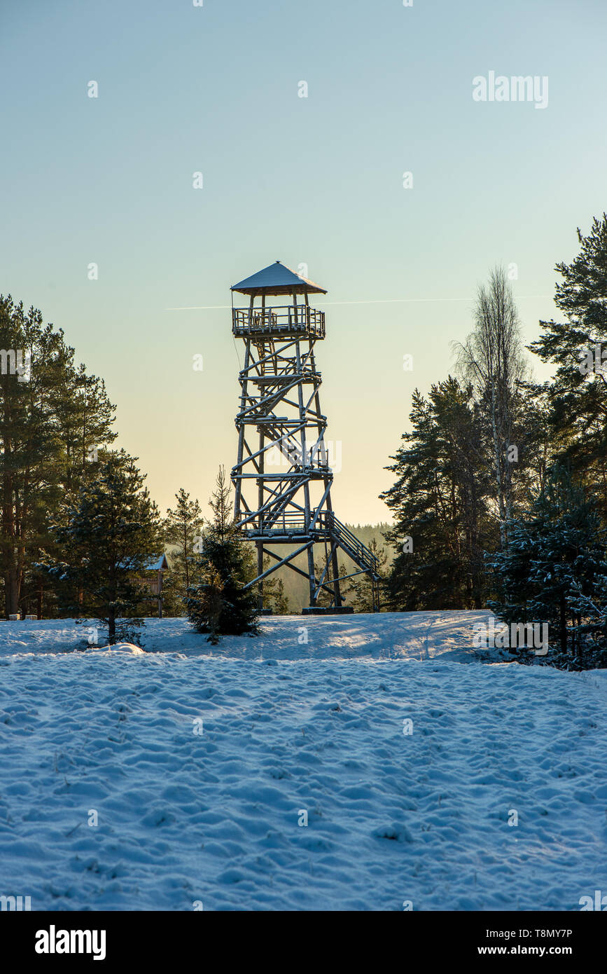 details of moder wooden and metal watchtower in forest countryside ...