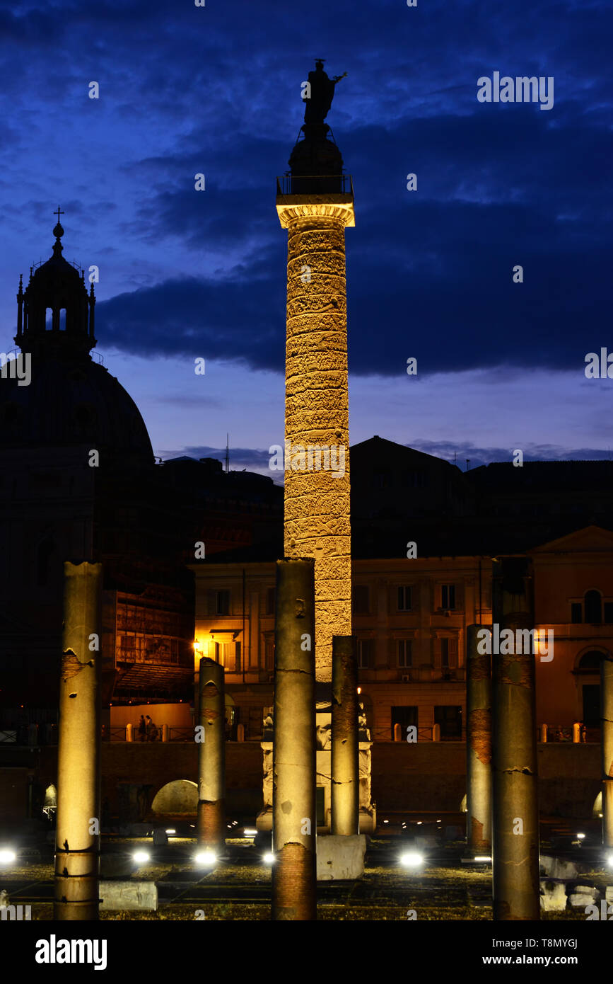 Evening view of the ancient Trajan's Column in the Imperial Forum in ...