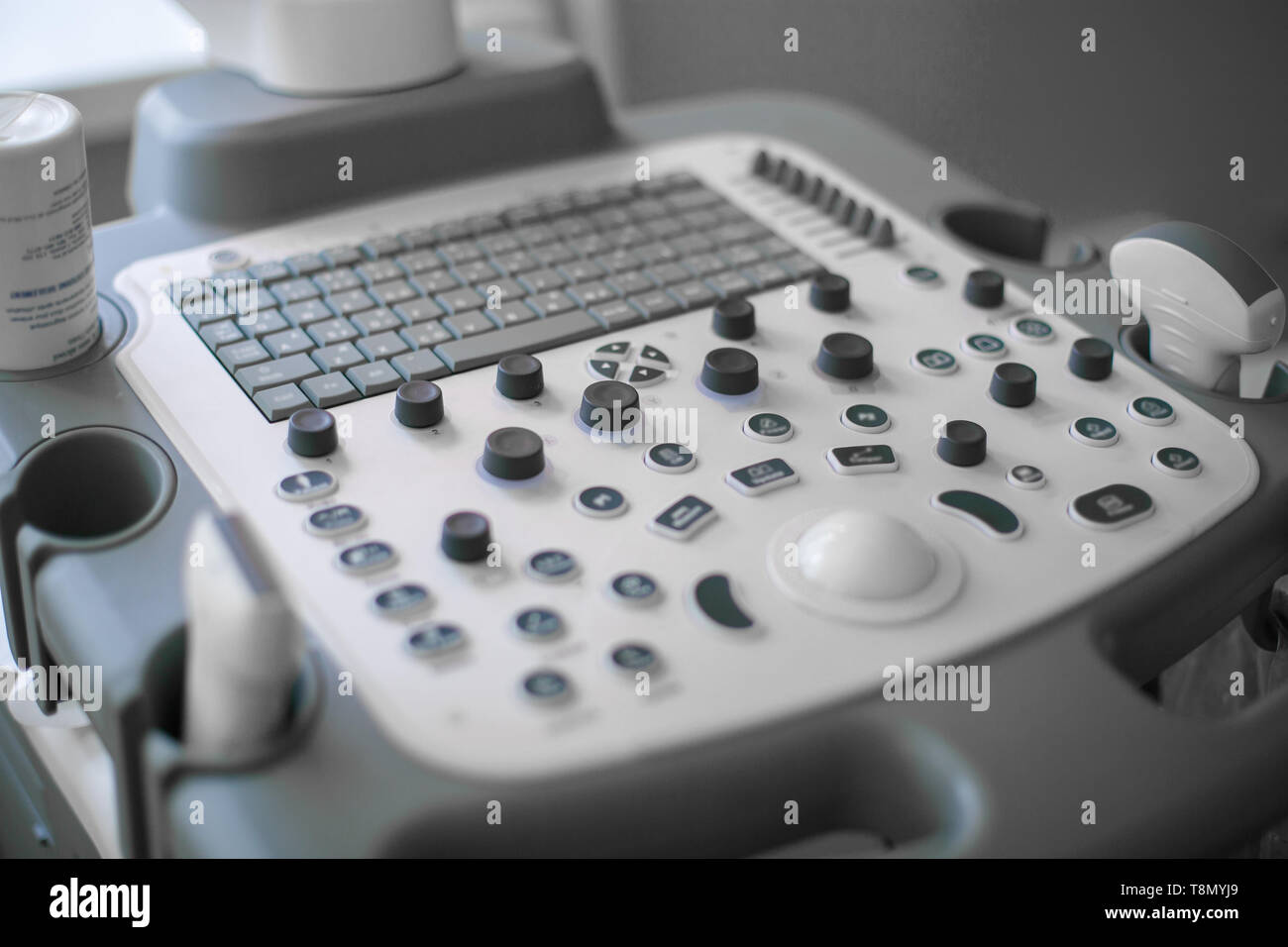 Close up in backlit high-tech ultrasound machine. Analysis, diagnosis ...
