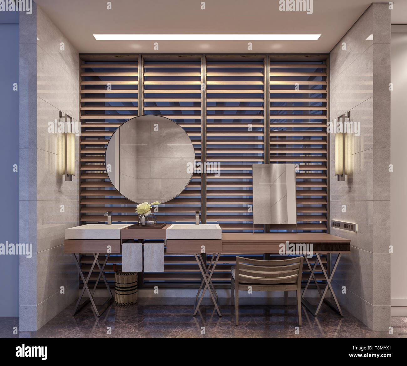 Modern interior design of hotel bathroom and vanity, double mirrors in ...
