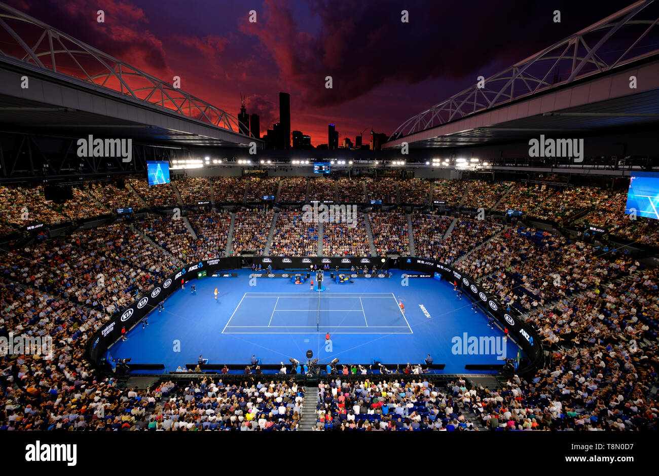 Rod Laver Arena at sunset with Melbourne's iconic skyline in the ...