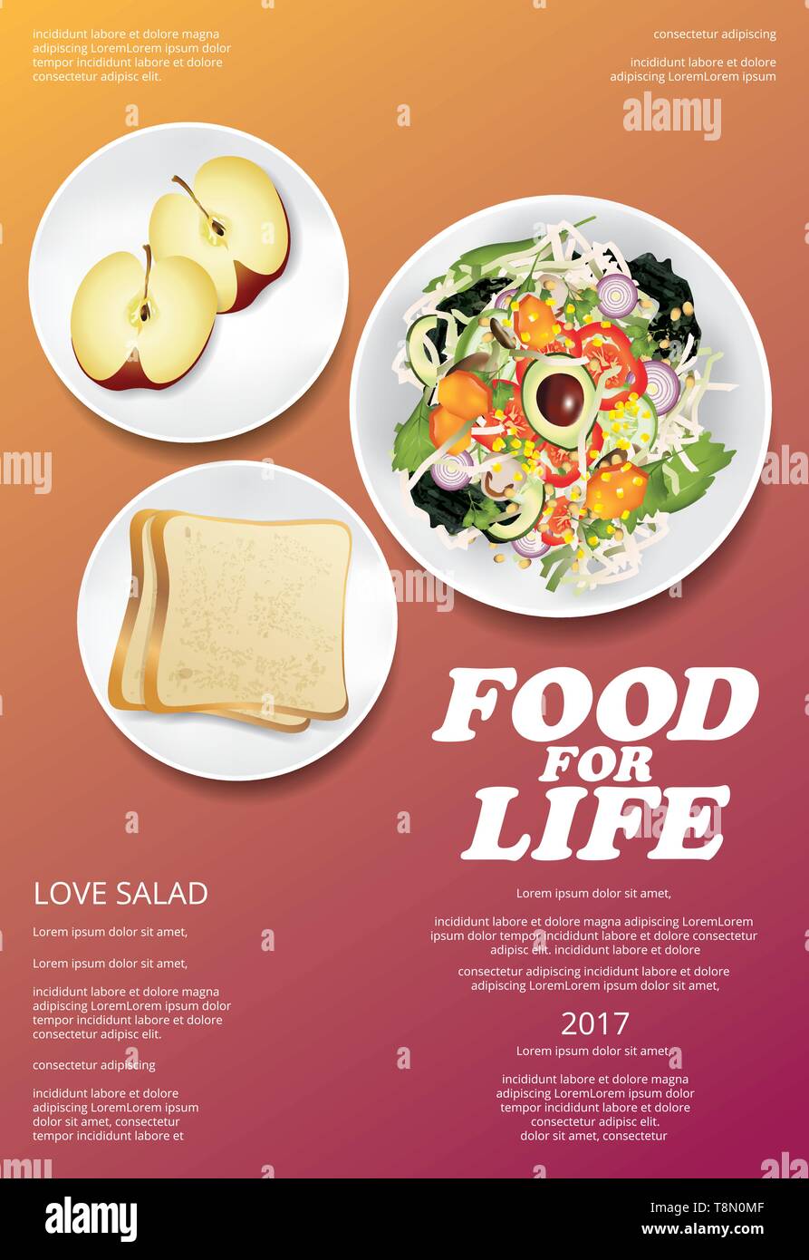 Vegetable Salad Food, Apple and Bread Poster Design Vector Illustration ...