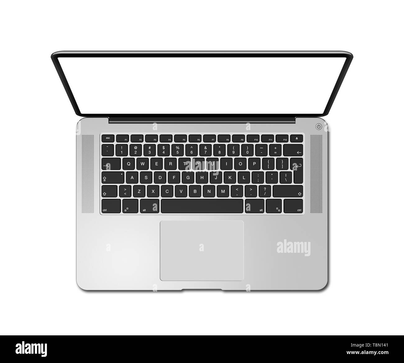 Open laptop top view with blank screen, isolated on white. 3D render ...