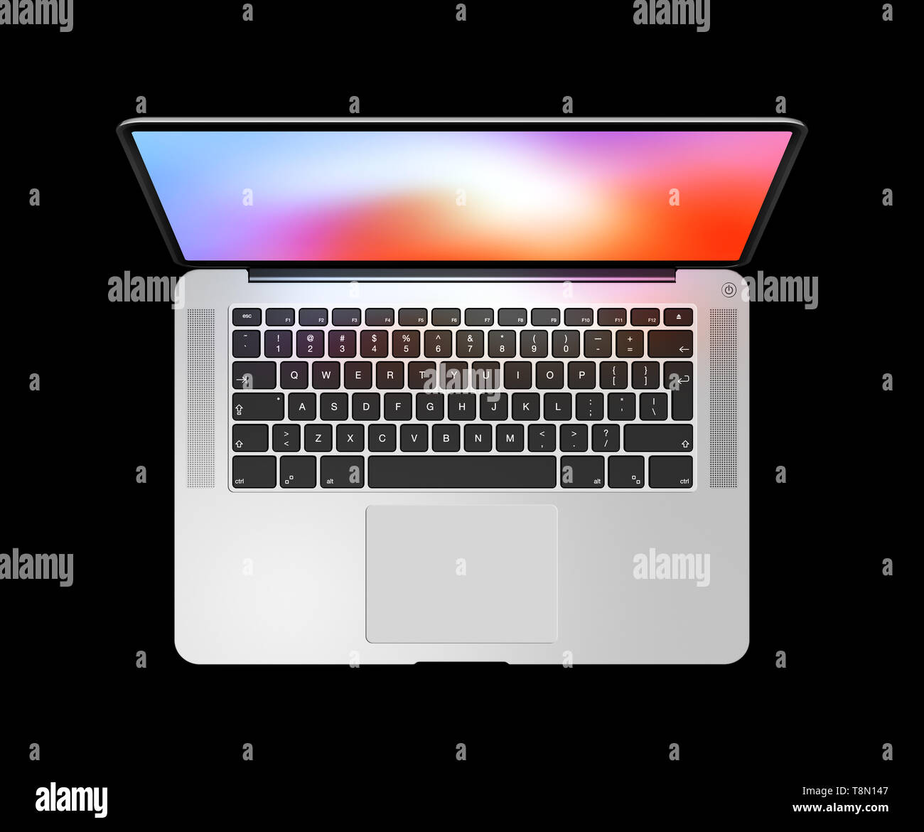 Open laptop top view with colorful screen, isolated on black. 3D render ...