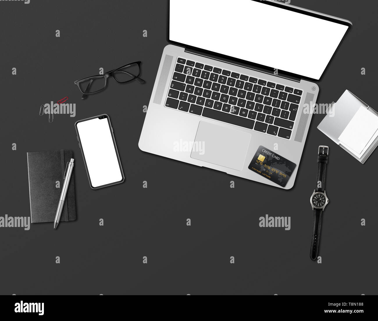 Modern office desk mockup top view isolated on black Stock Photo - Alamy