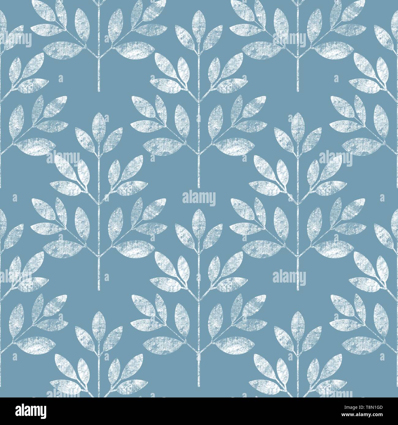White leaf seamless pattern on blue background. Floral grange ...
