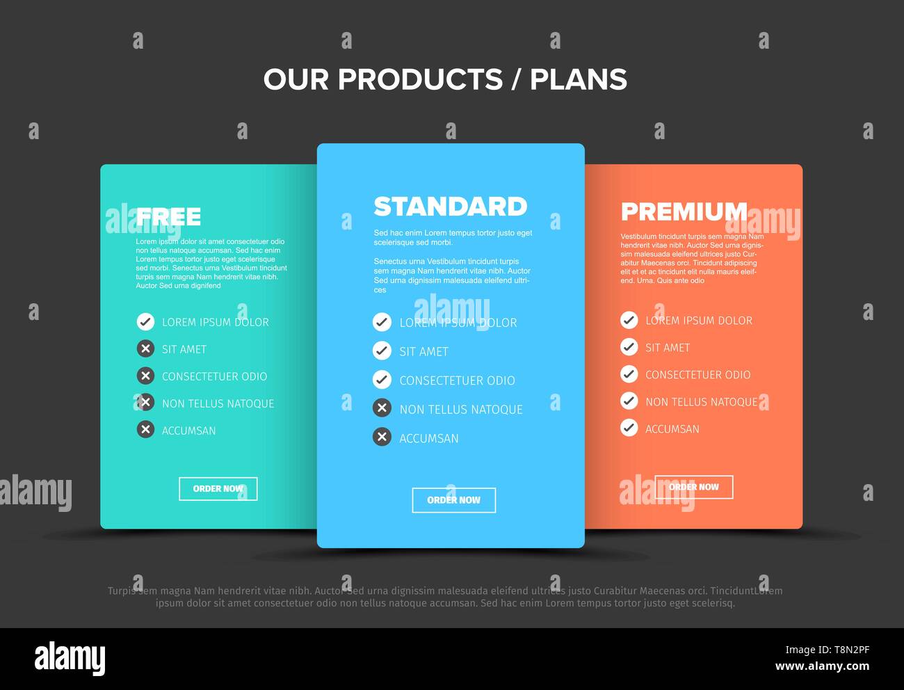 Product features schema template cards with three services, feature ...