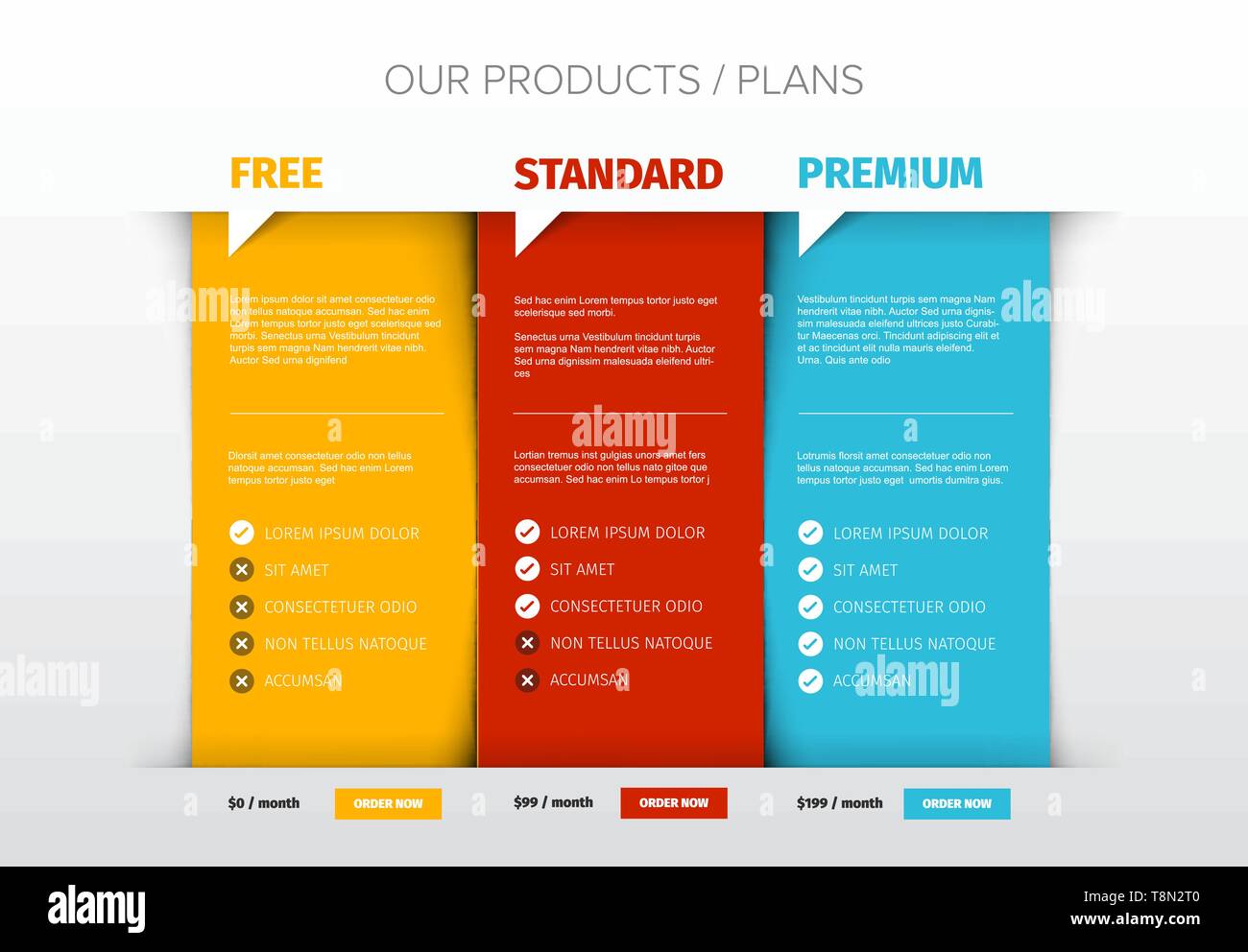 Product features schema template cards with three services, feature ...