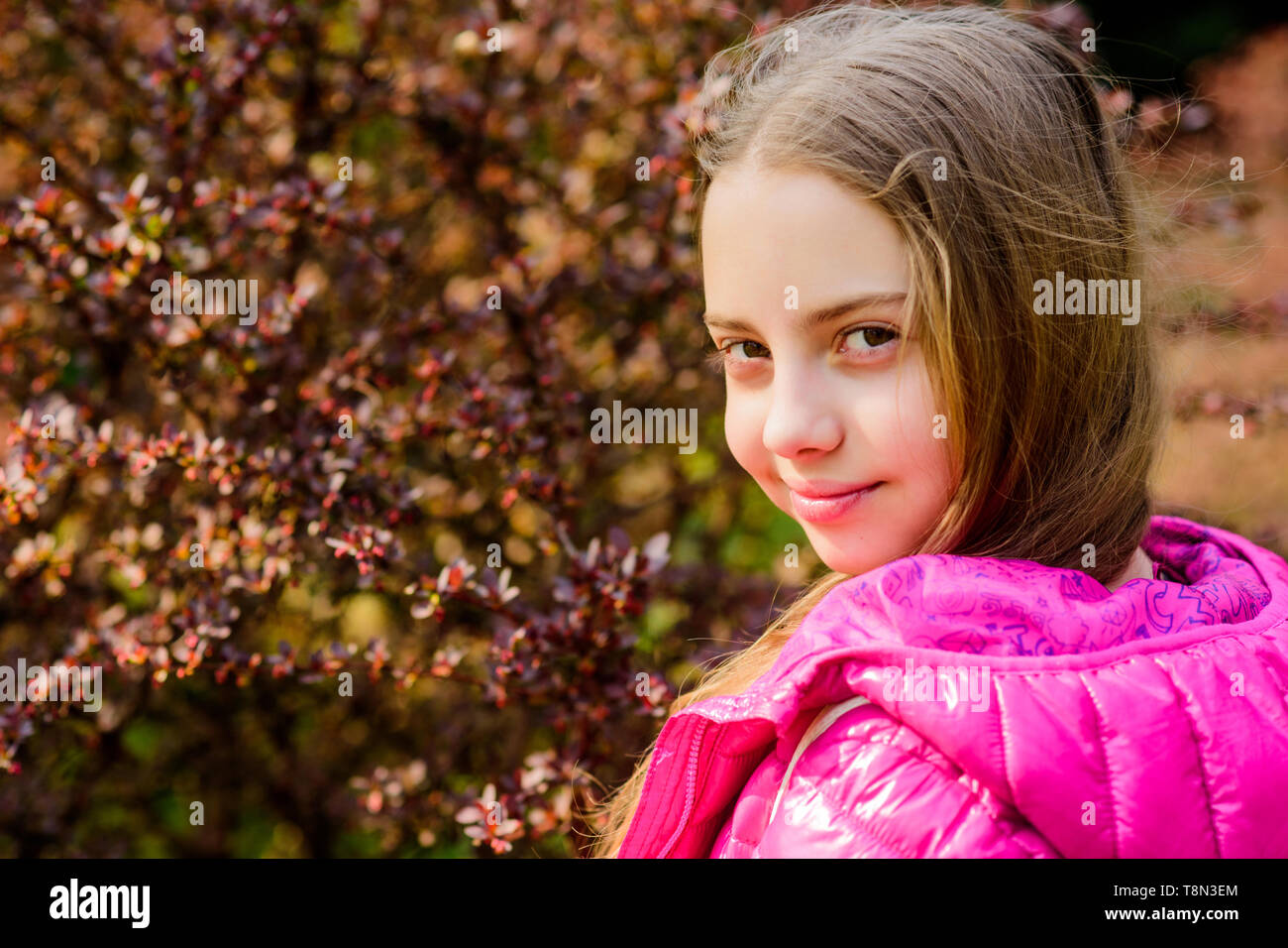 Spring bloom fragrance. Girl teen walk in botanical garden. Peaceful ...