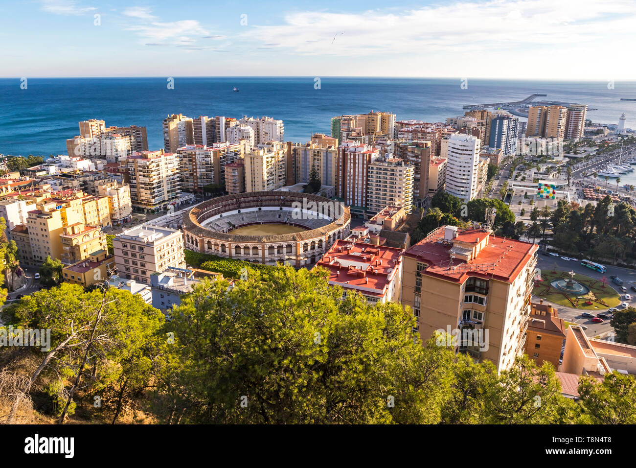 Skyline aerial view of Malaga city, Andalusia, Spain. Plaza de Toros de ...