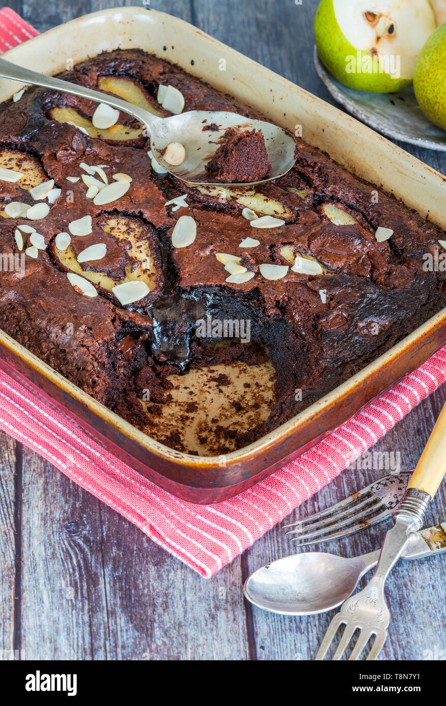 Squidgy chocolate pear pudding with soft centre Stock Photo - Alamy