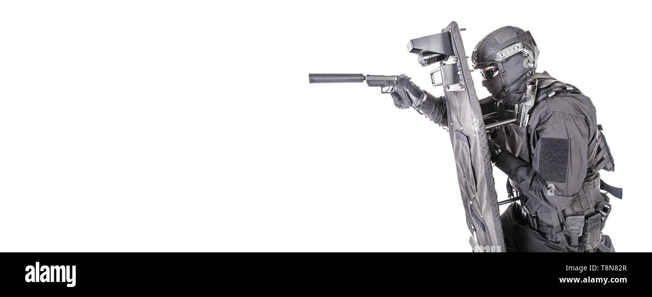 SWAT fighter hiding behind ballistic shield on white Stock Photo - Alamy