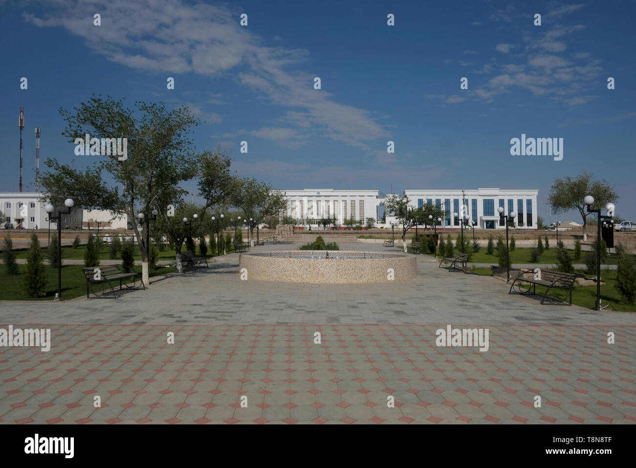 Modern buildings in the town of Mo‘ynoq, also spelled as Muynak and ...