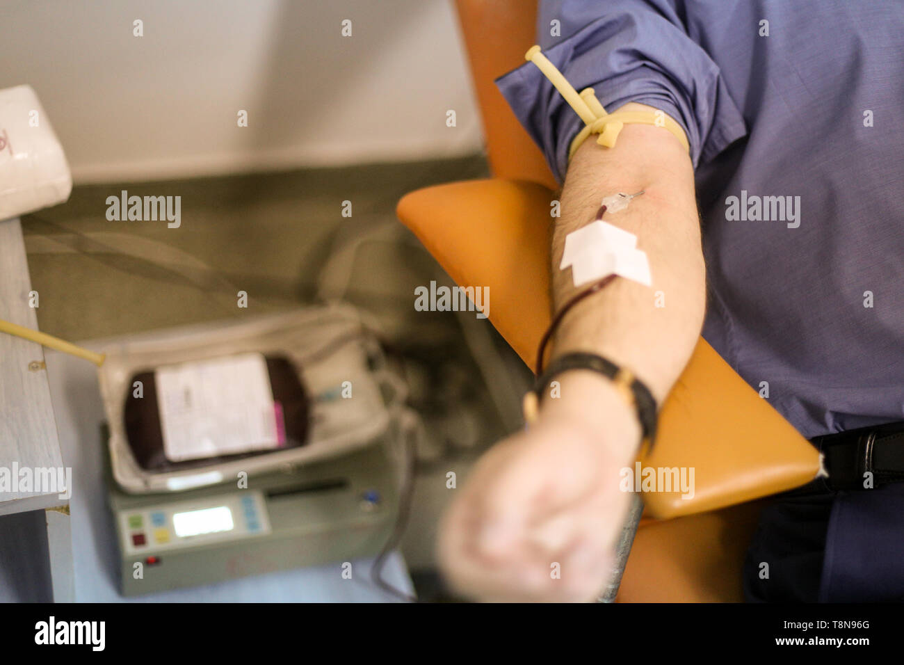 Details with the arm of a man donating blood Stock Photo - Alamy