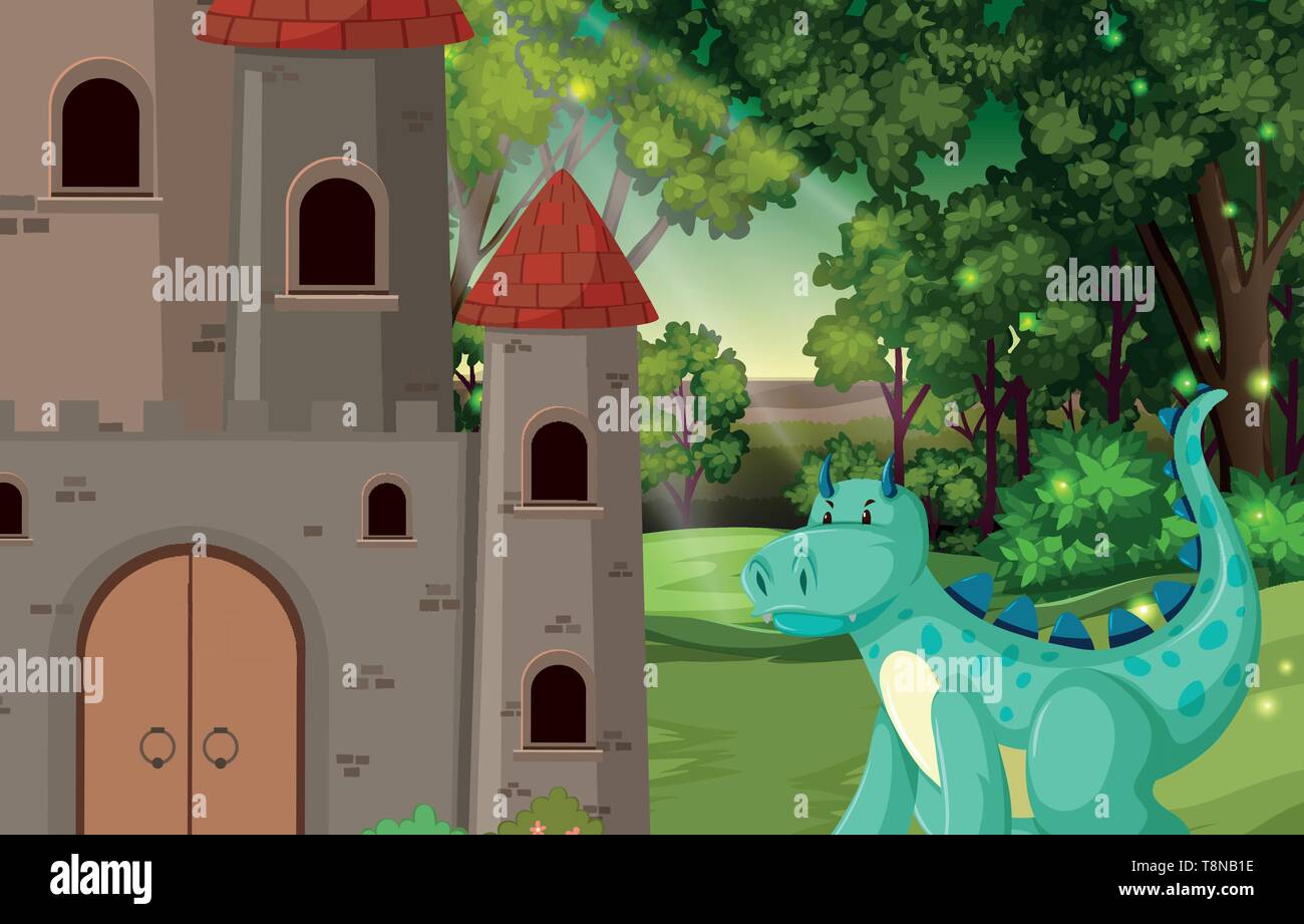 Dragon at the castle scene illustration Stock Vector Image & Art - Alamy