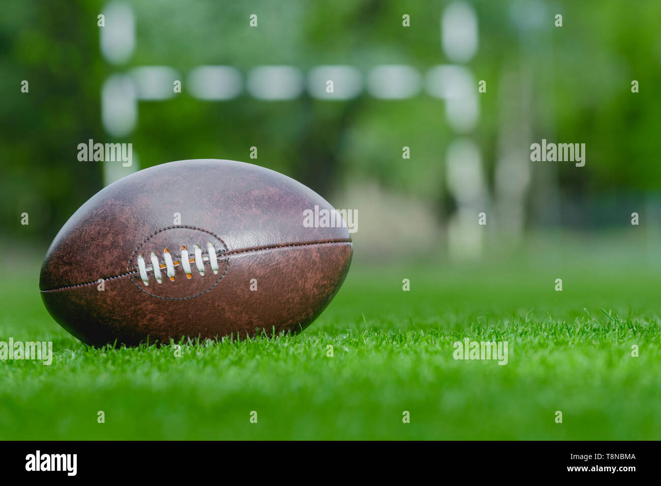 American football, rugby ball on green grass field background Stock ...