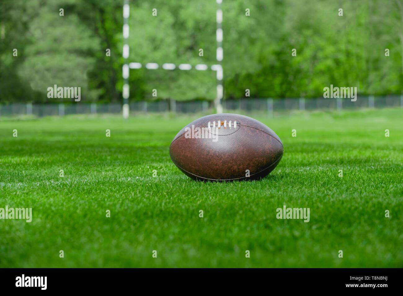 American football, rugby ball on green grass field background Stock ...