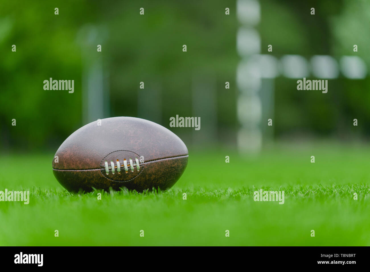 American football, rugby ball on green grass field background Stock ...