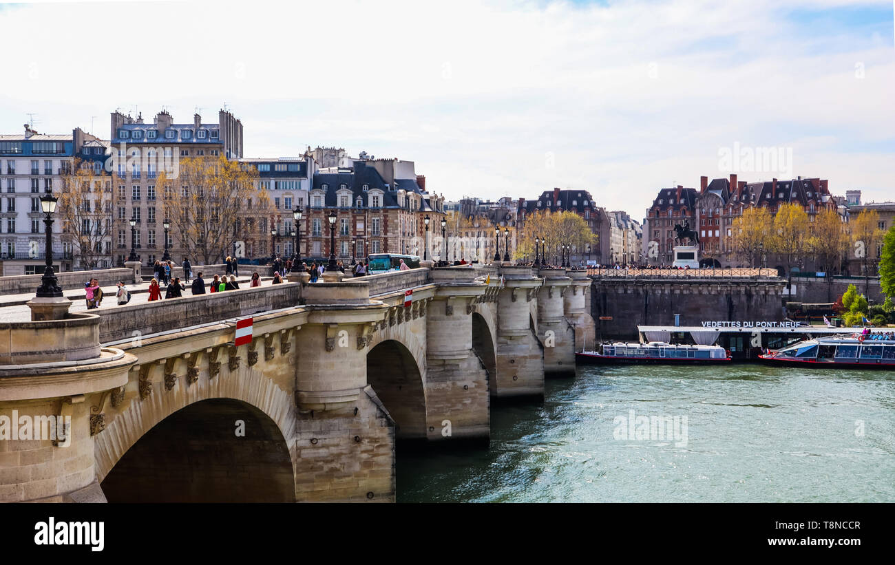 Paris / France - April 05 2019: Bridge Pont Neuf across Seine River and ...