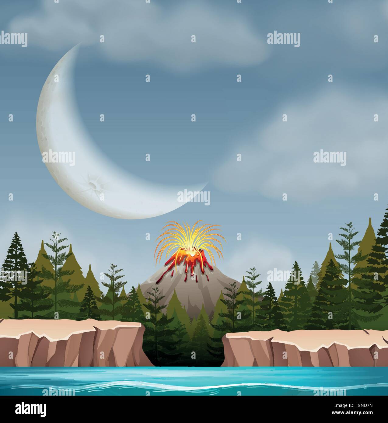 Volcano eruption night scene illustration Stock Vector Image & Art - Alamy