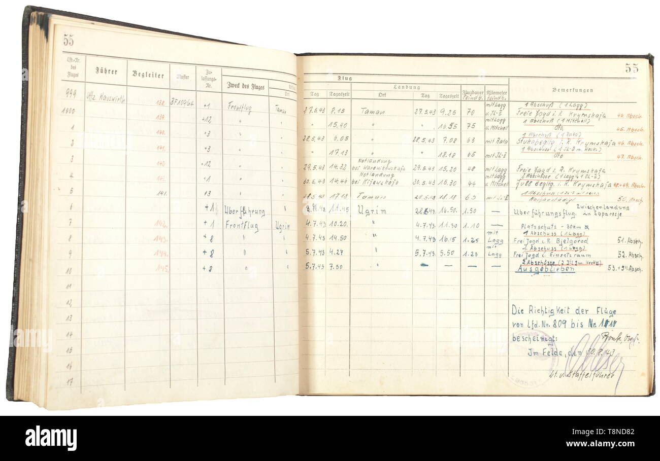 Wilhelm Hauswirth - a flight logbook Meticulously kept logbbok with ...