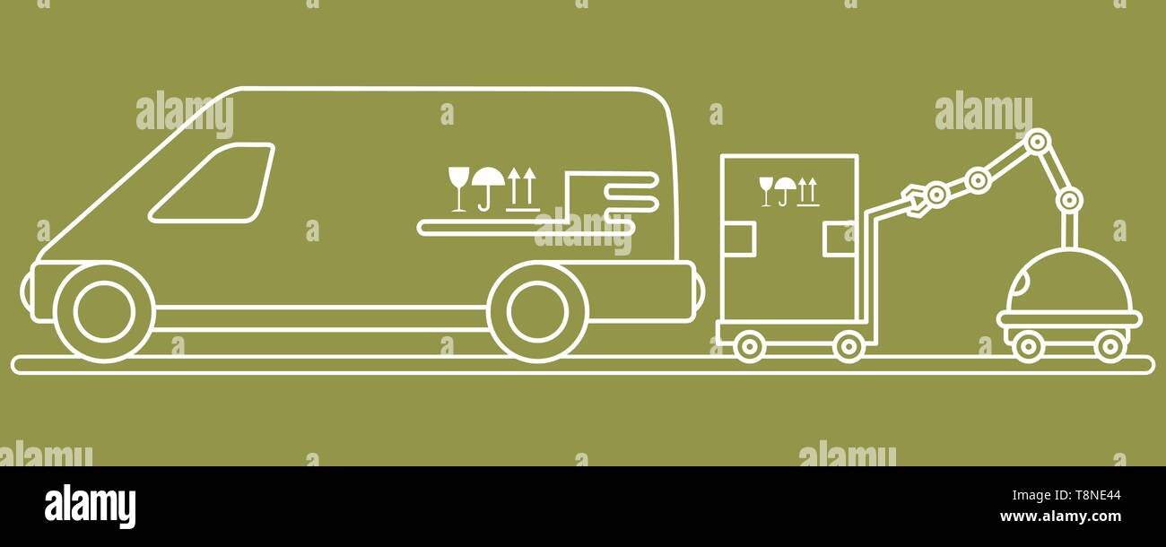 Vector illustration with robot loader loads boxes into a car ...