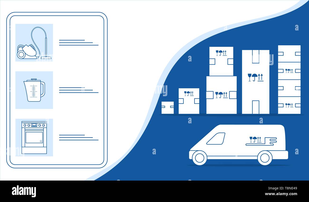 Vector illustration with order goods online. Warehouse, delivery. Cargo ...